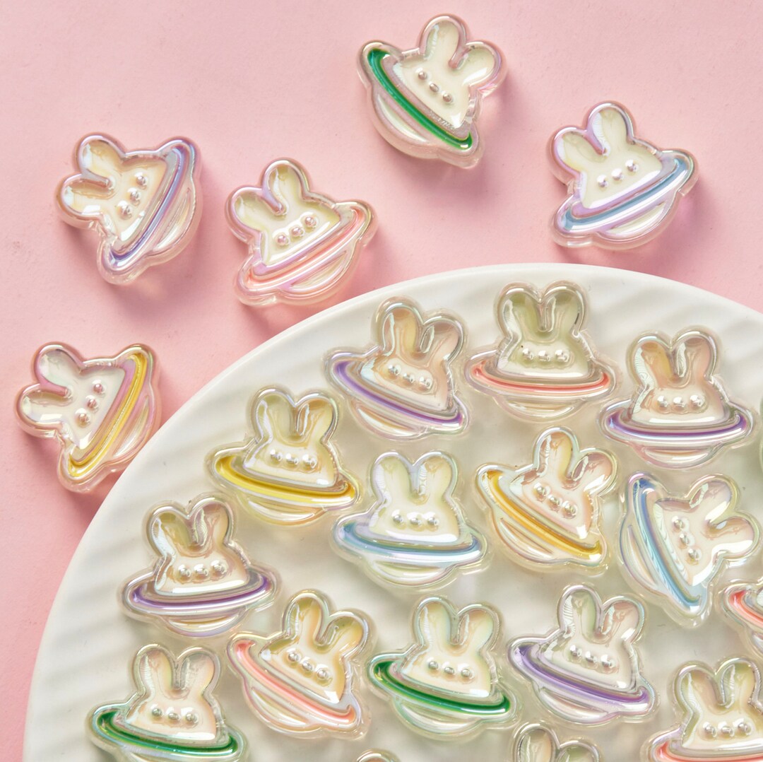 Cute Iridescent Bunny Planet Enamel Acrylic Bead 25mm X 25mm X 9mm ...