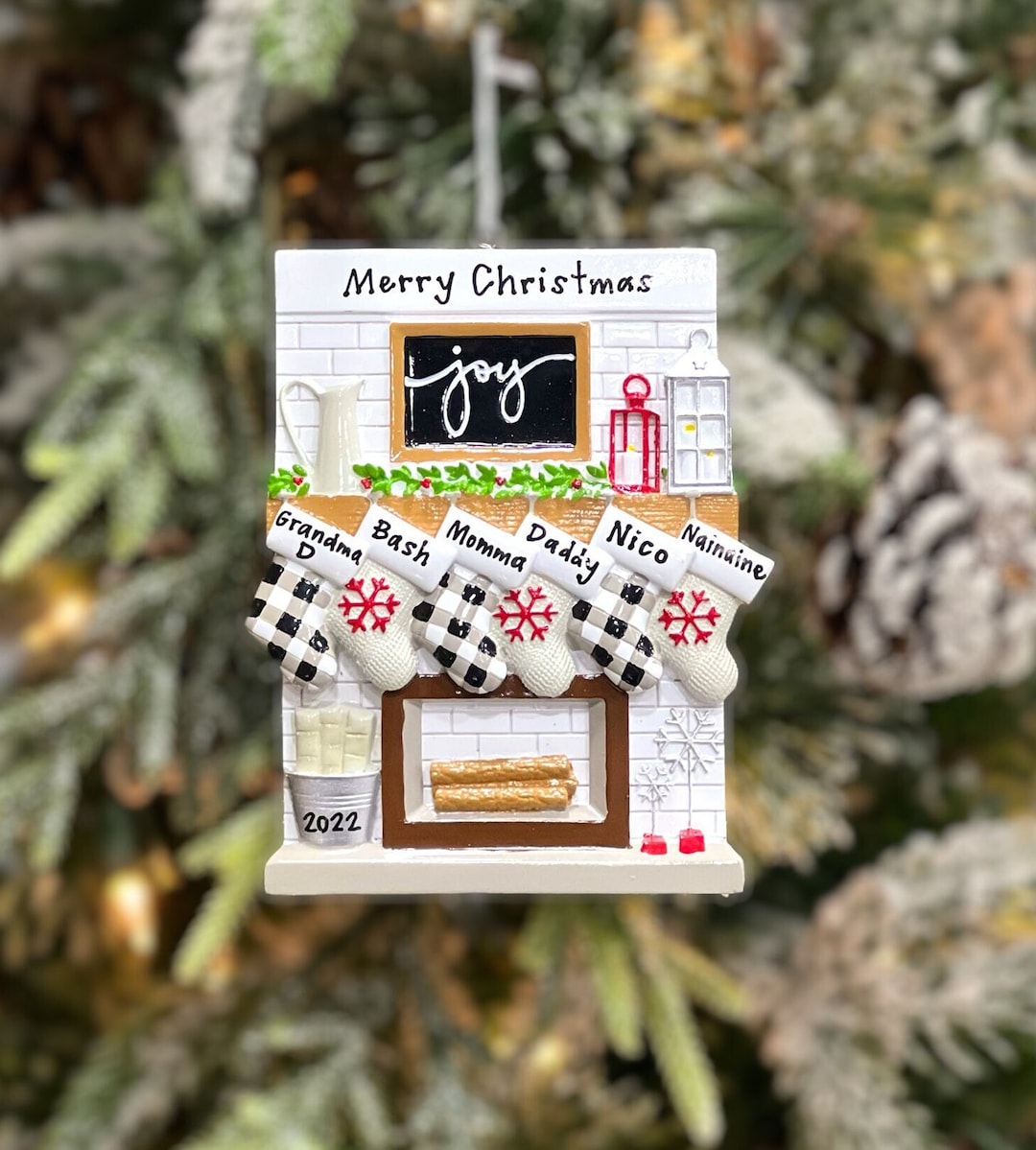 Fireplace Mantel Family of Six Christmas Ornament Family Stockings ...