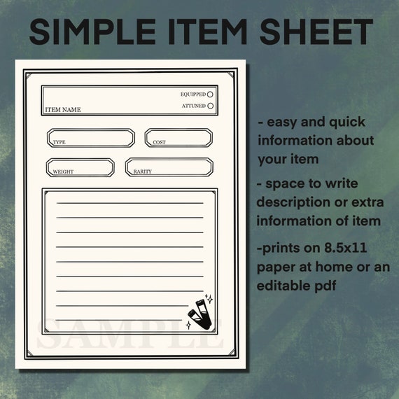 Simple Item Sheet // DND Inventory Sheet 5e // Dungeons and - Etsy New ...