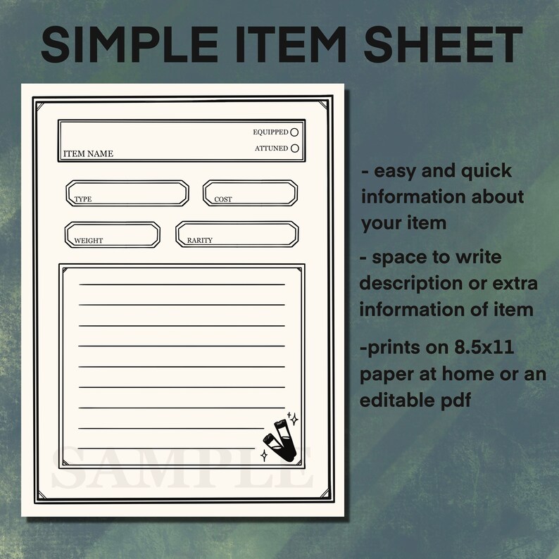 Simple Item Sheet // DND Inventory Sheet 5e // Dungeons and - Etsy
