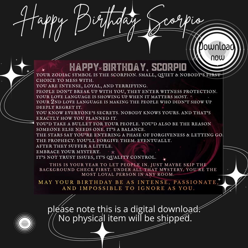 Funny Scorpio Birthday Card, Sarcastic Zodiac Humor Printable Astrology ...