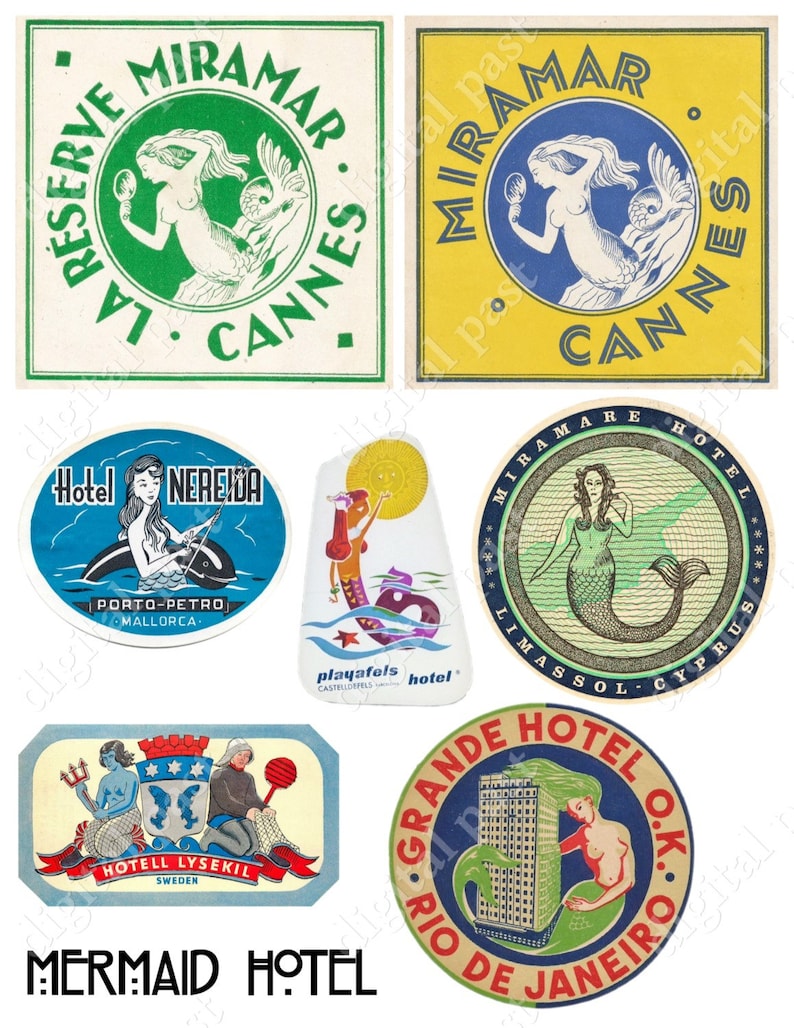 MERMAID HOTEL Luggage Labels Printable Collage Sheet Download ...