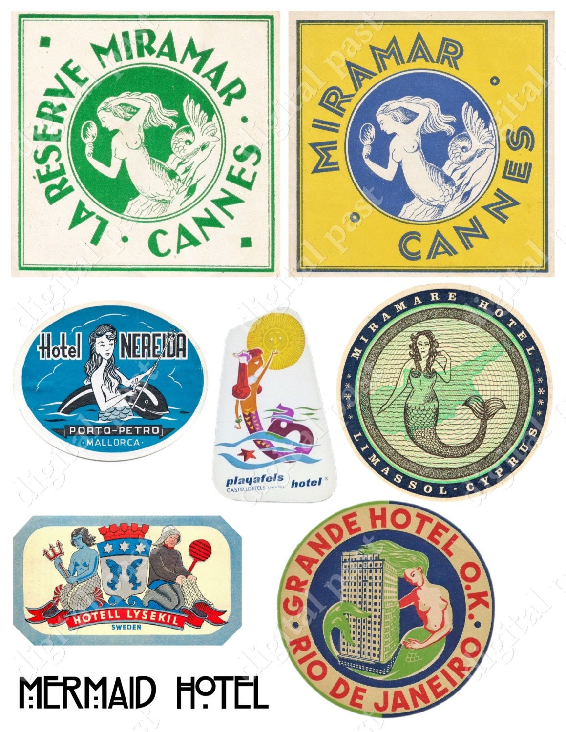 MERMAID HOTEL Luggage Labels Printable Collage Sheet Download ...