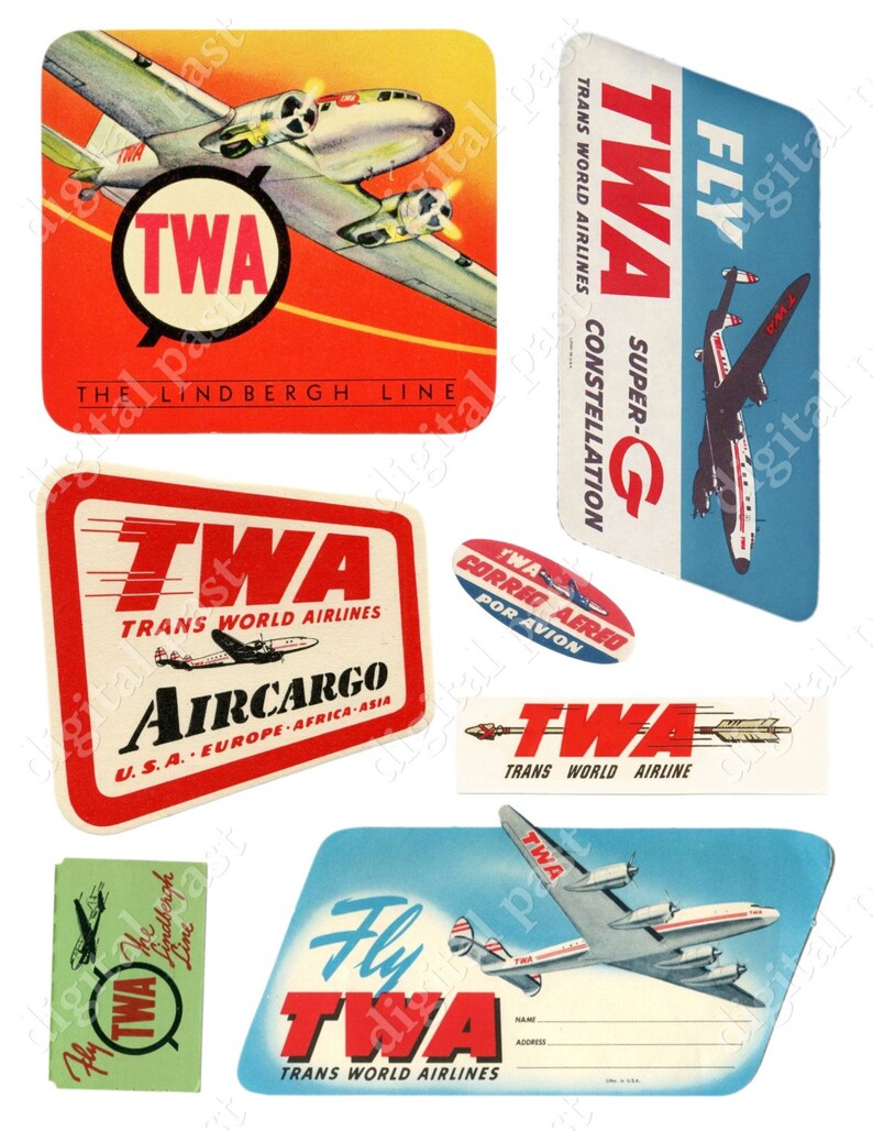 TWA Digital Collage Sheets - Vintage Airplane Luggage Labels - INSTANT ...