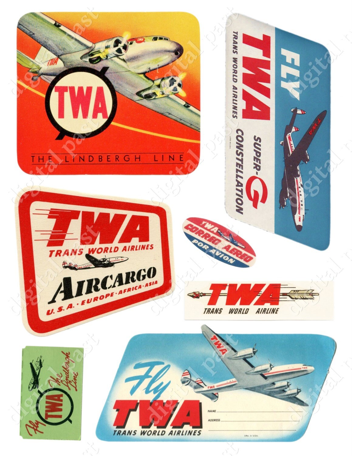 TWA Digital Collage Sheets - Vintage Airplane Luggage Labels - INSTANT ...