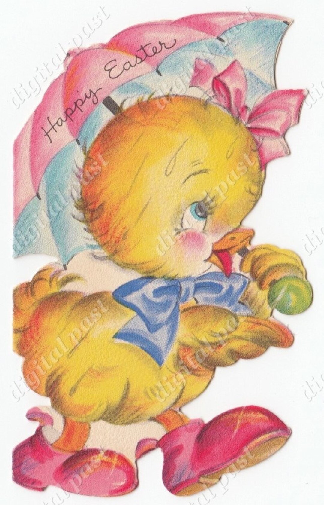 Vintage Easter Card - INSTANT DOWNLOAD - Baby Duck With Umbrella, Happy ...