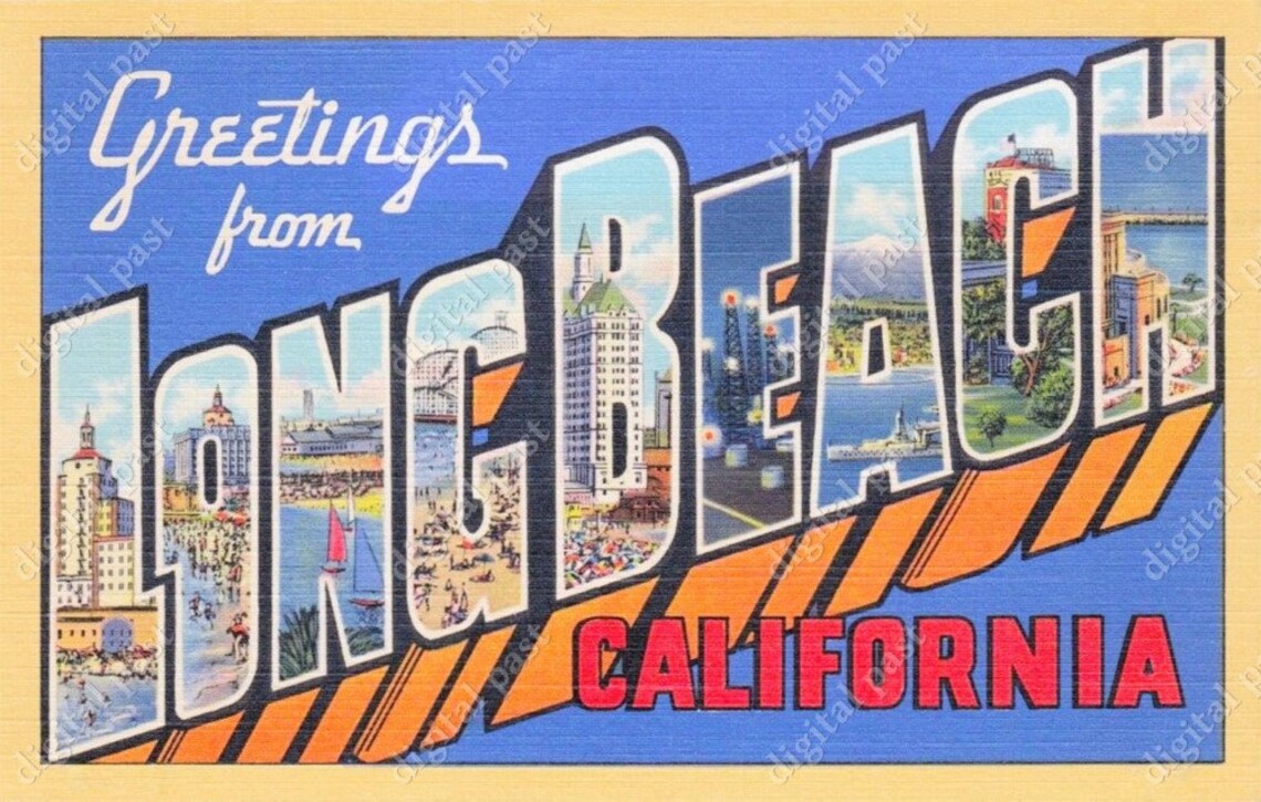 Greetings From Long Beach California - Vintage Postcard Clipart Image ...