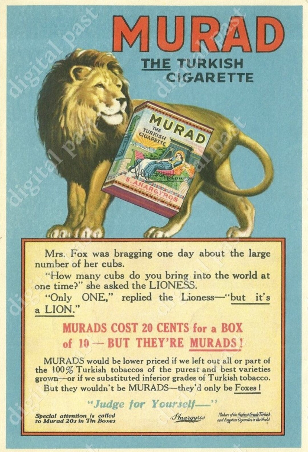 Lion Advertisement, Murad Cigarettes Ad - Instant Digital Download ...