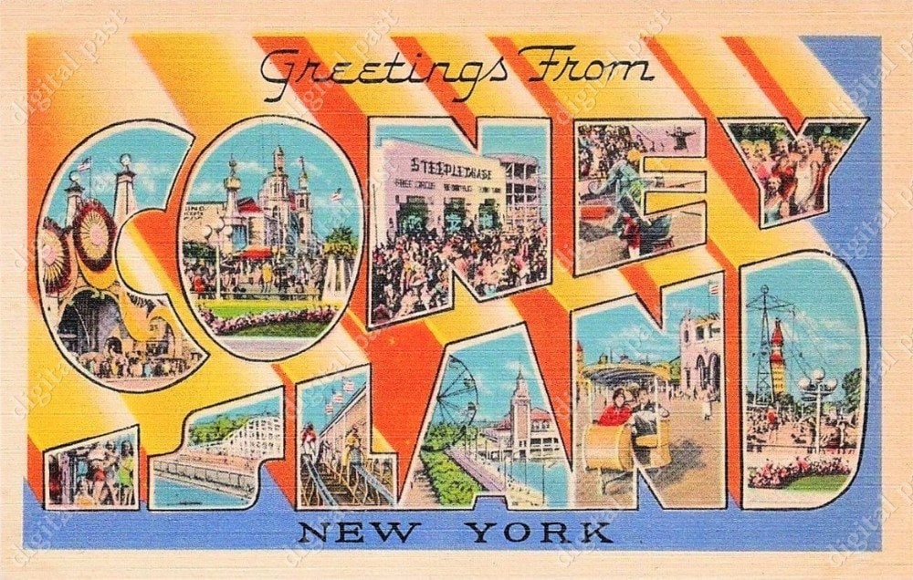 Coney Island New York Big Letters Vintage Postcard - INSTANT DOWNLOAD ...