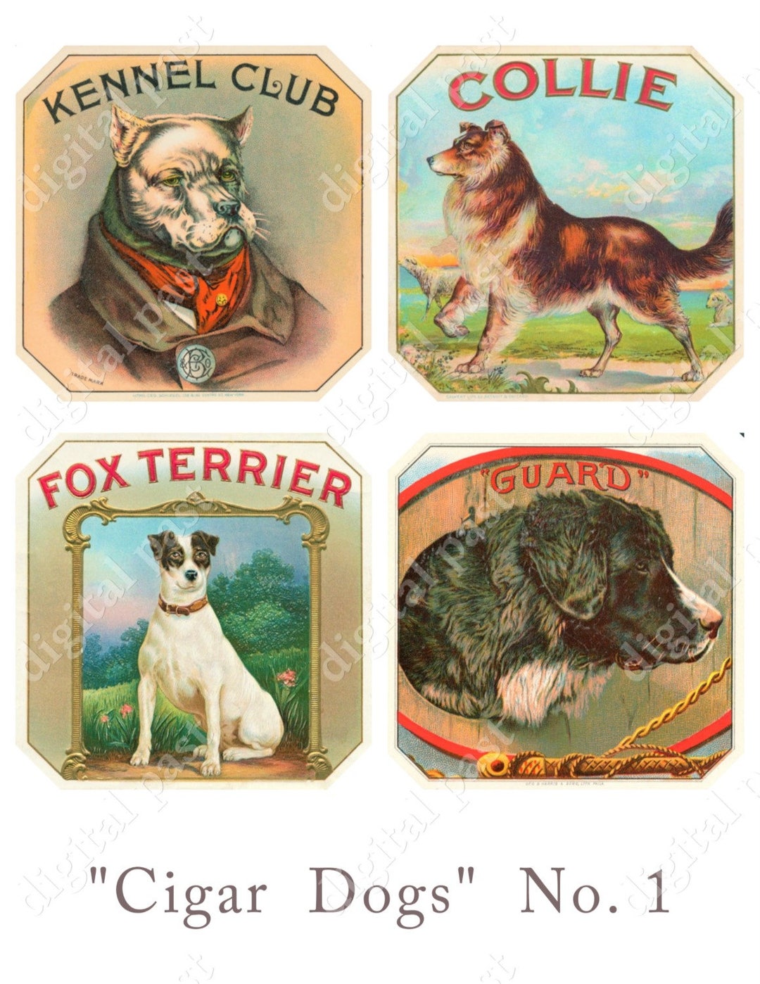 CIGAR DOGS Digital Collage Sheet Instant Download 4 Different Vintage ...