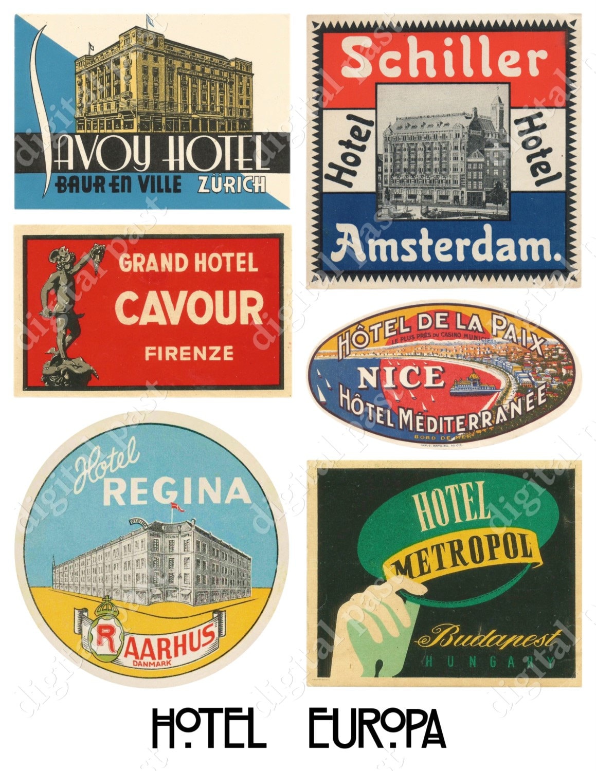 HOTEL EUROPA Luggage Labels Collage Sheet DOWNLOAD. 6 Vintage Hotel ...