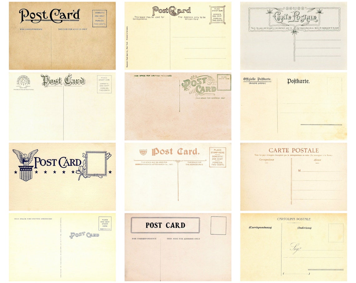 12 Antique Postcard Backs - INSTANT DOWNLOAD - Set of 12 Printable ...