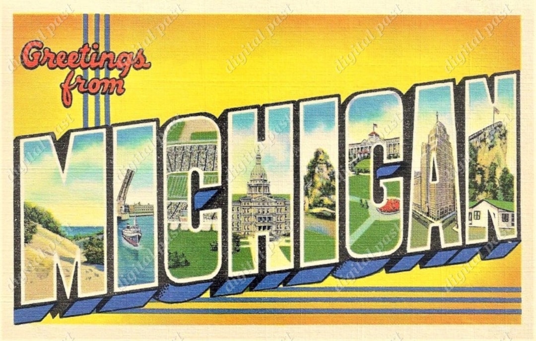 MICHIGAN Big Letters Vintage Postcard - INSTANT DOWNLOAD - Retro ...