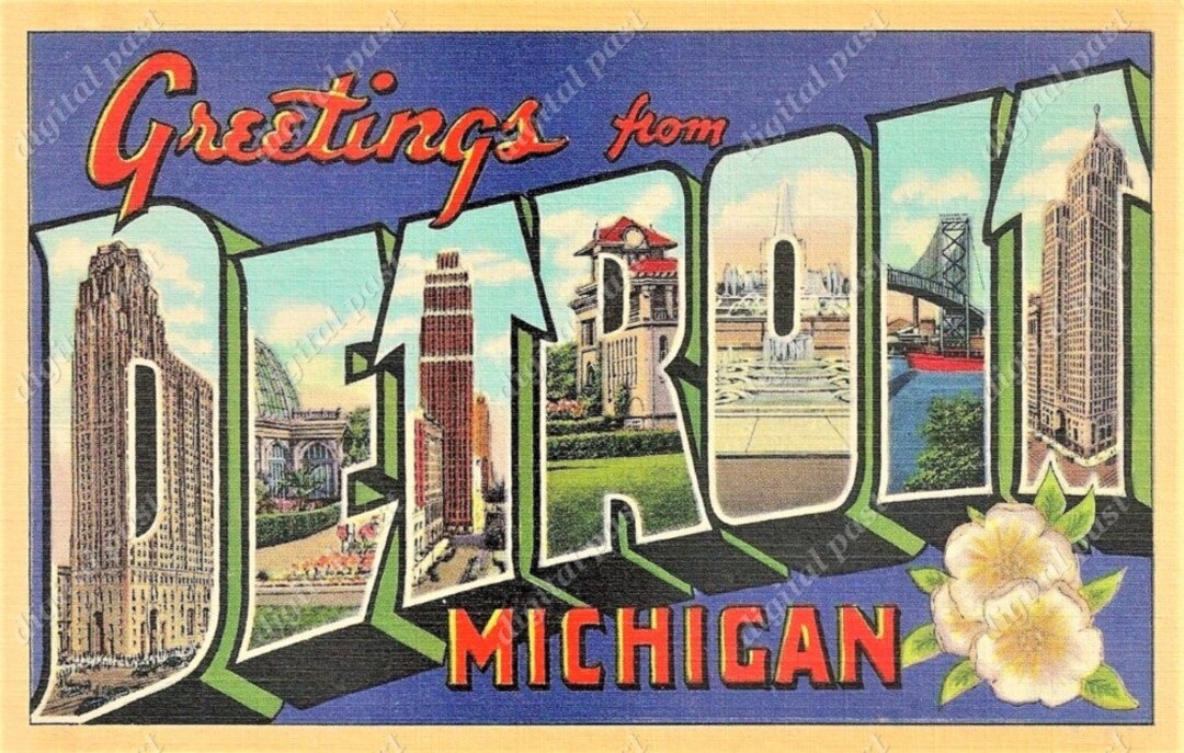 DETROIT Big Letters Vintage Postcard - INSTANT DOWNLOAD - Retro ...