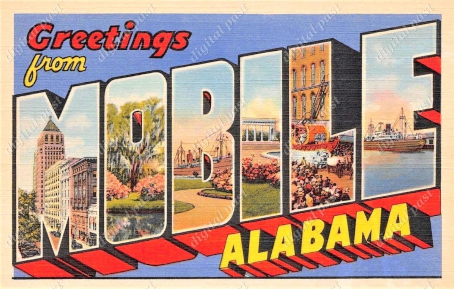 Greetings From MOBILE Alabama Vintage Postcard Clipart Image INSTANT ...