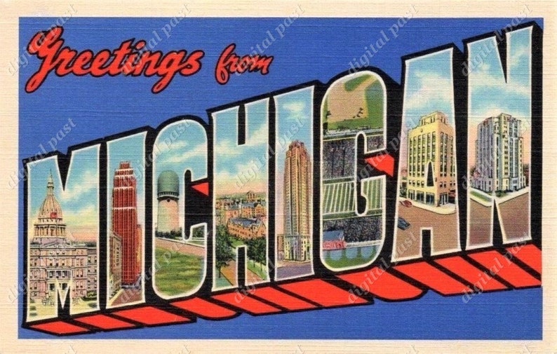 MICHIGAN Large Letters Vintage Postcard INSTANT DOWNLOAD Art Deco Retro ...