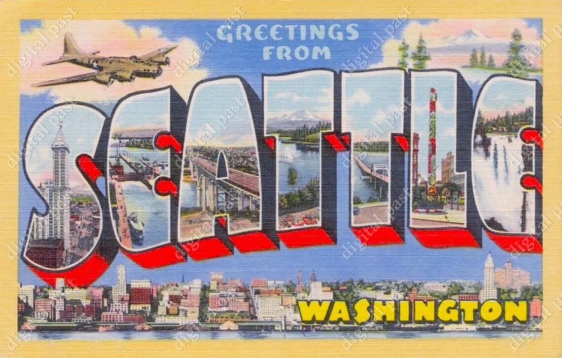 SEATTLE Washington Big Letters Vintage Postcard - INSTANT DOWNLOAD ...