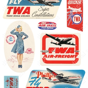 TWA Digital Collage Sheets - Vintage Airplane Luggage Labels - INSTANT ...