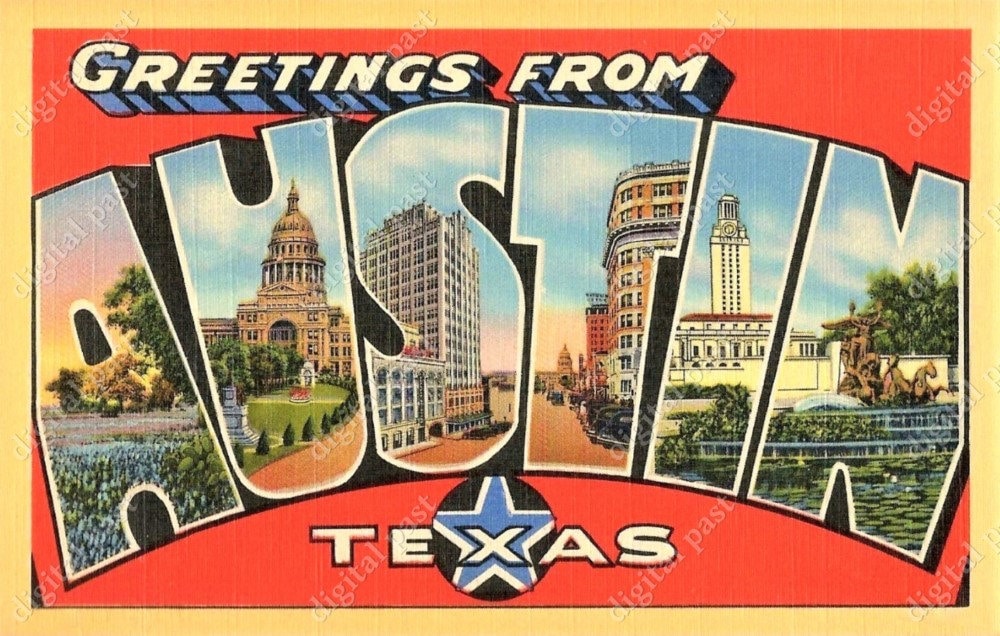 AUSTIN TEXAS GREETINGS Digital Postcard Clipart Image Instant Download ...