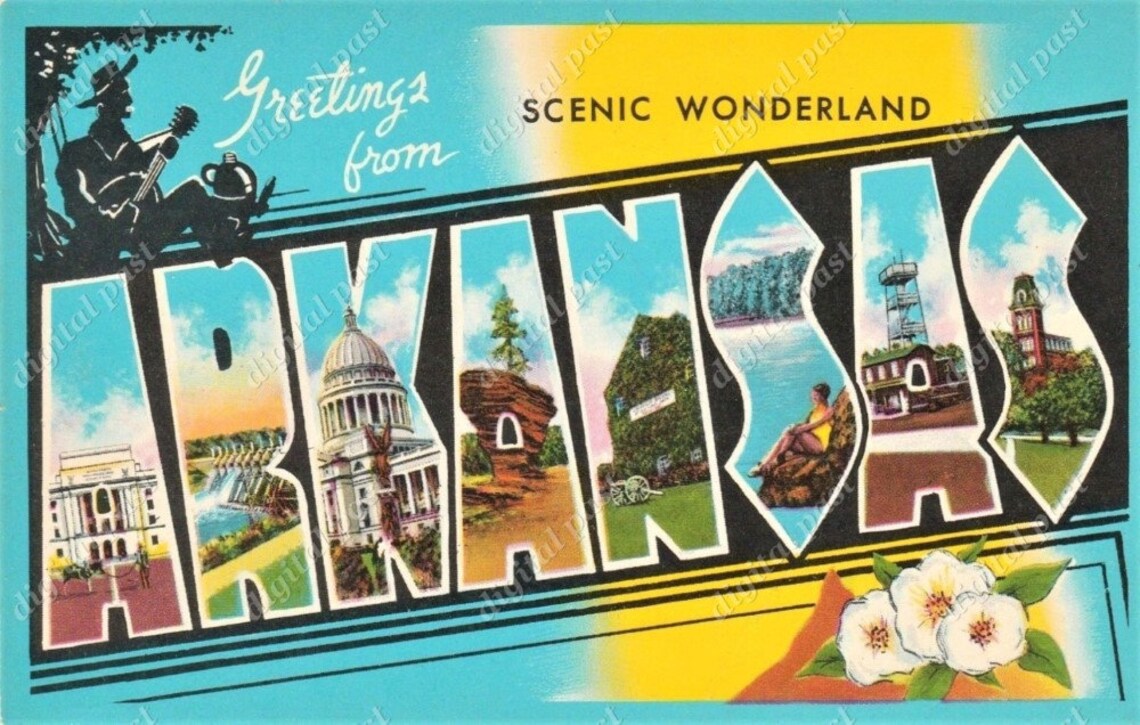 ARKANSAS Big Letters Vintage Postcard INSTANT DOWNLOAD Retro Postcard ...