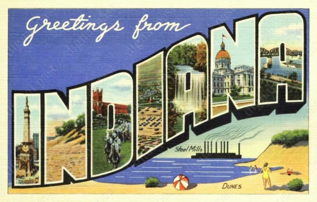 Greetings From INDIANA Printable Postcard ~ DIGITAL DOWNLOAD ~ Vintage ...