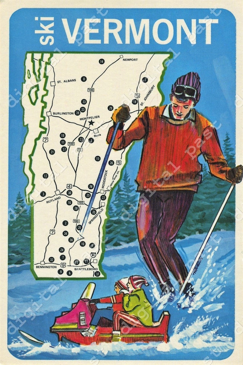 SKI VERMONT Postcard Clipart ~ Instant Digital Download ~ Retro Skiing ...
