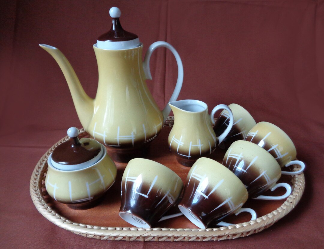 Mid Century Drinkware KAHLA Porcelain; German Vintage Coffee Set Yellow & Brown Retro Drinkware ...