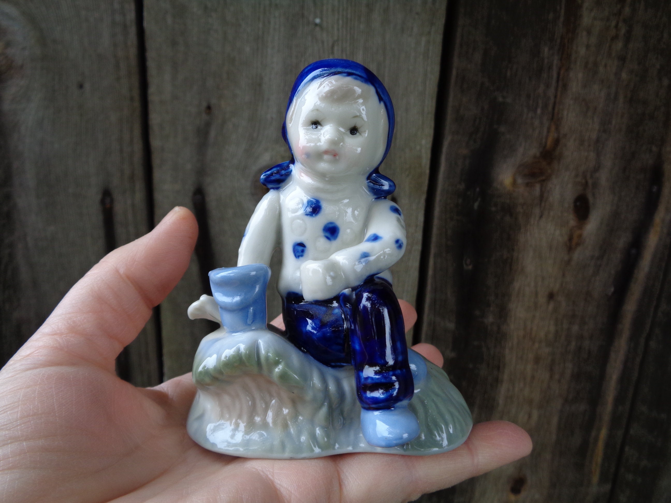 Vintage Porcelain Statuette Blue & White Hand Painted - Etsy