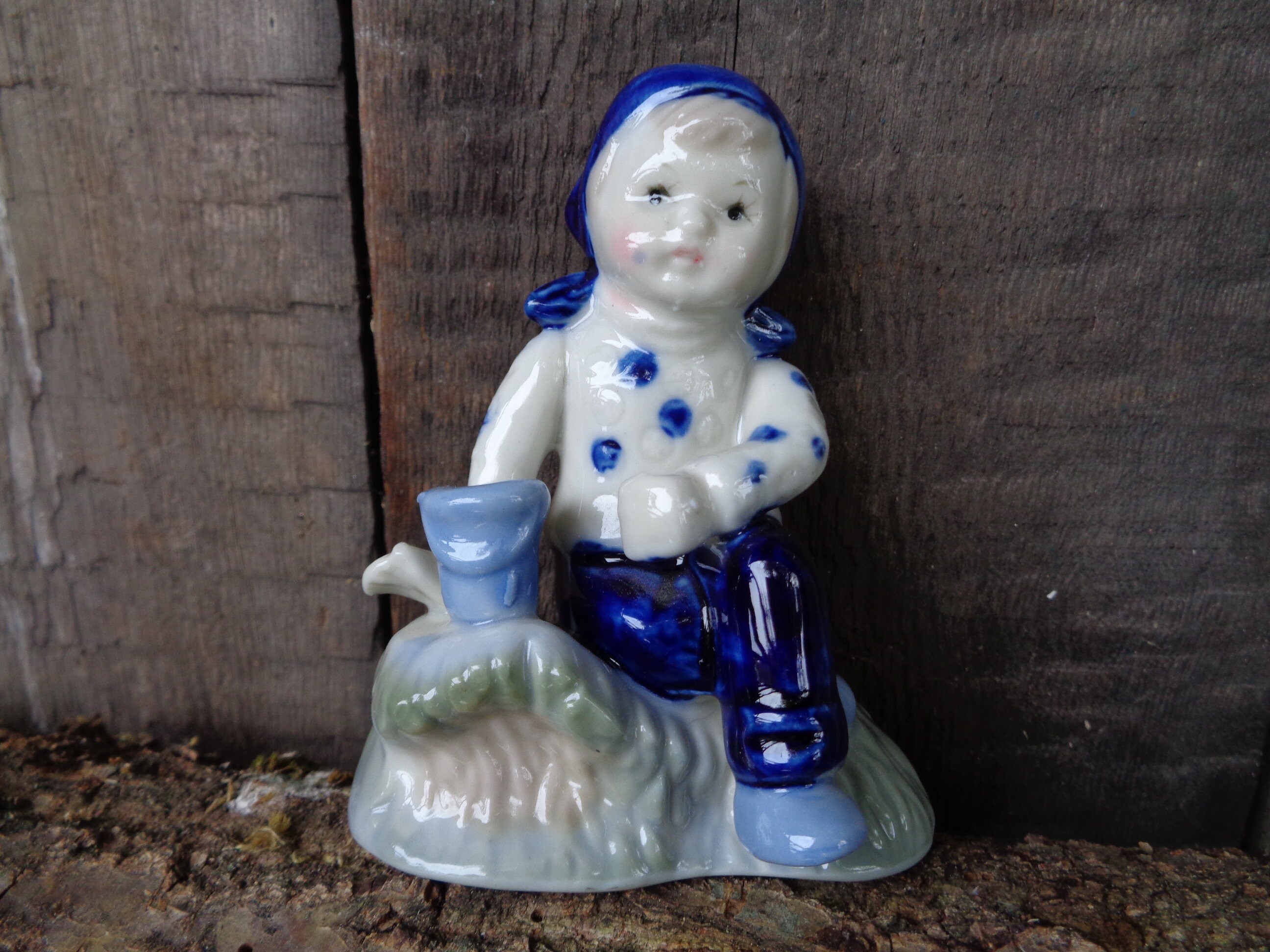 Vintage Porcelain Statuette Blue & White Hand Painted - Etsy