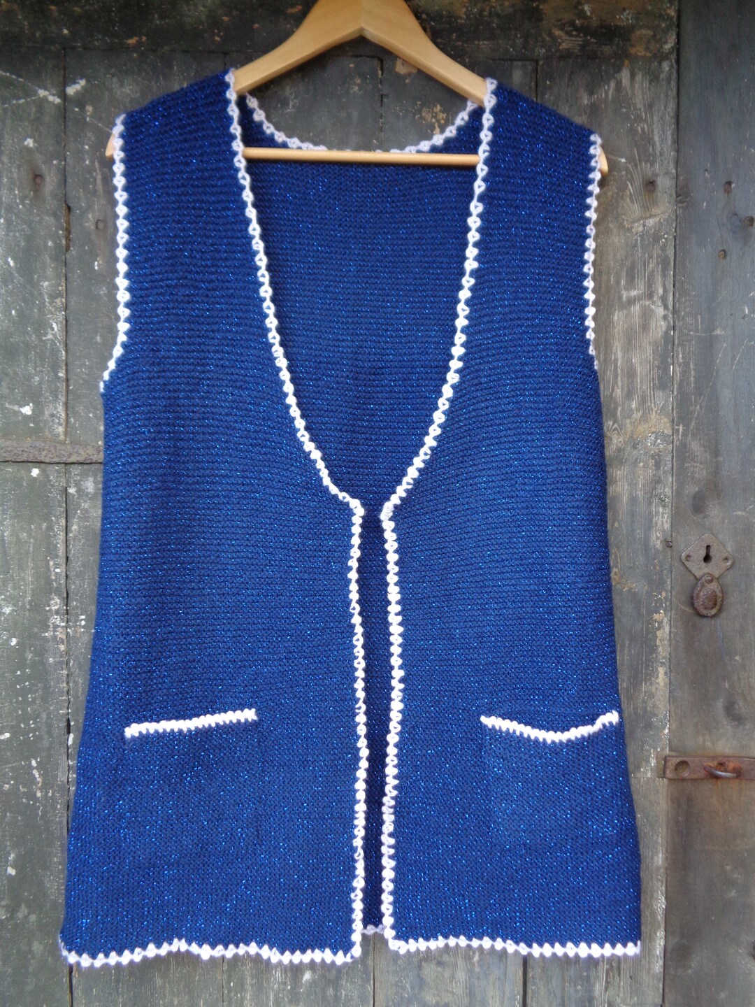 Vintage Knitwear Vintage Vest Dark Blue Hand Knitted Vest With White ...