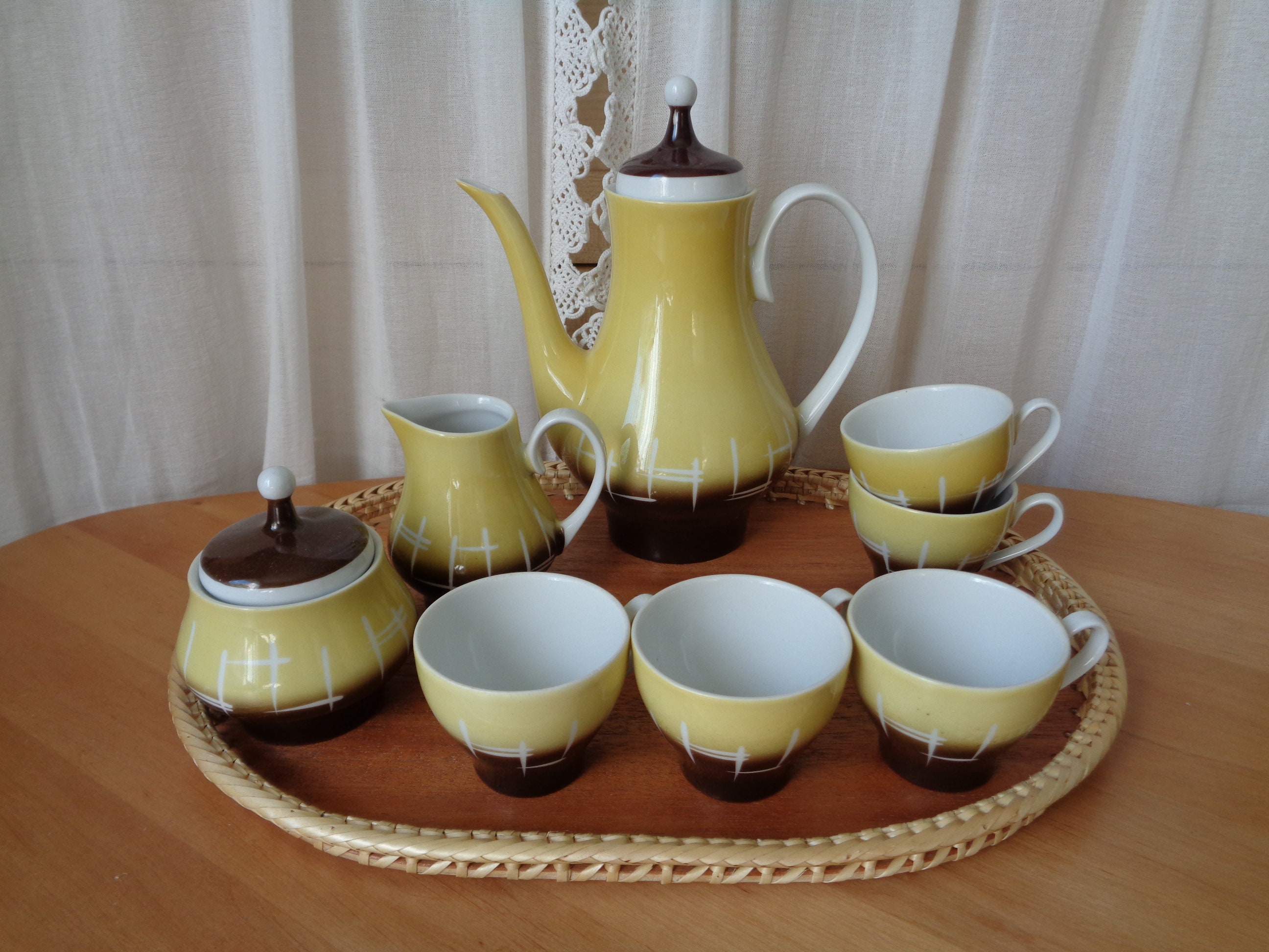 Mid Century Drinkware KAHLA Porcelain; German Vintage Coffee Set Yellow & Brown Retro Drinkware ...