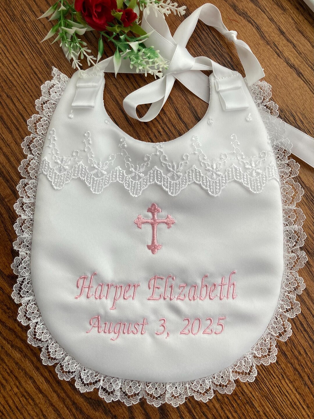 Personalized Baptism Bib: White or Ivory Satin, Lace, Embroidered Cross ...