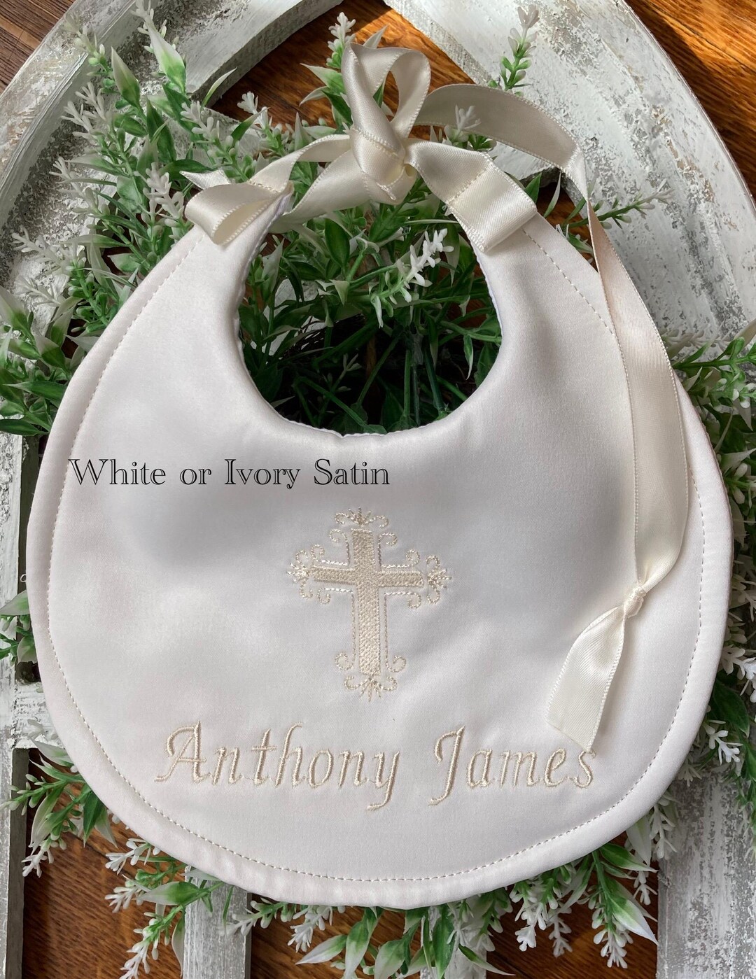 Personalized Baptism Bib: Embroidered Cross, Satin or Linen, Bib #J3 - Etsy