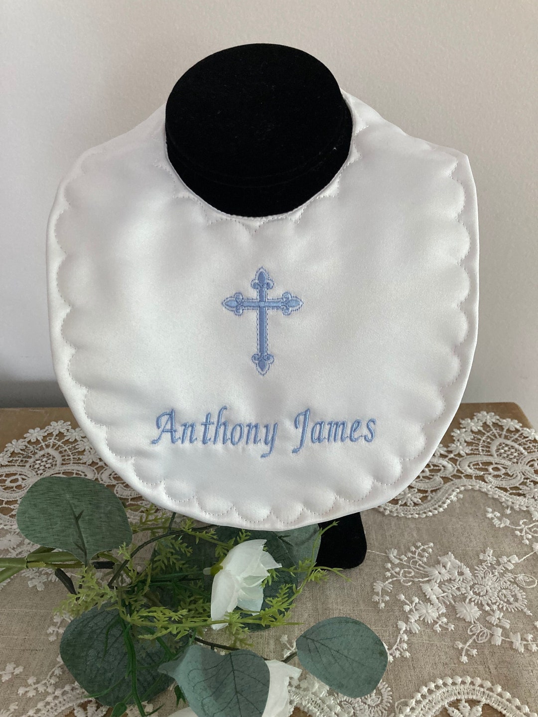 Personalized Baptism Bib, Embroidered Cross, Satin or Linen Look Fabric ...
