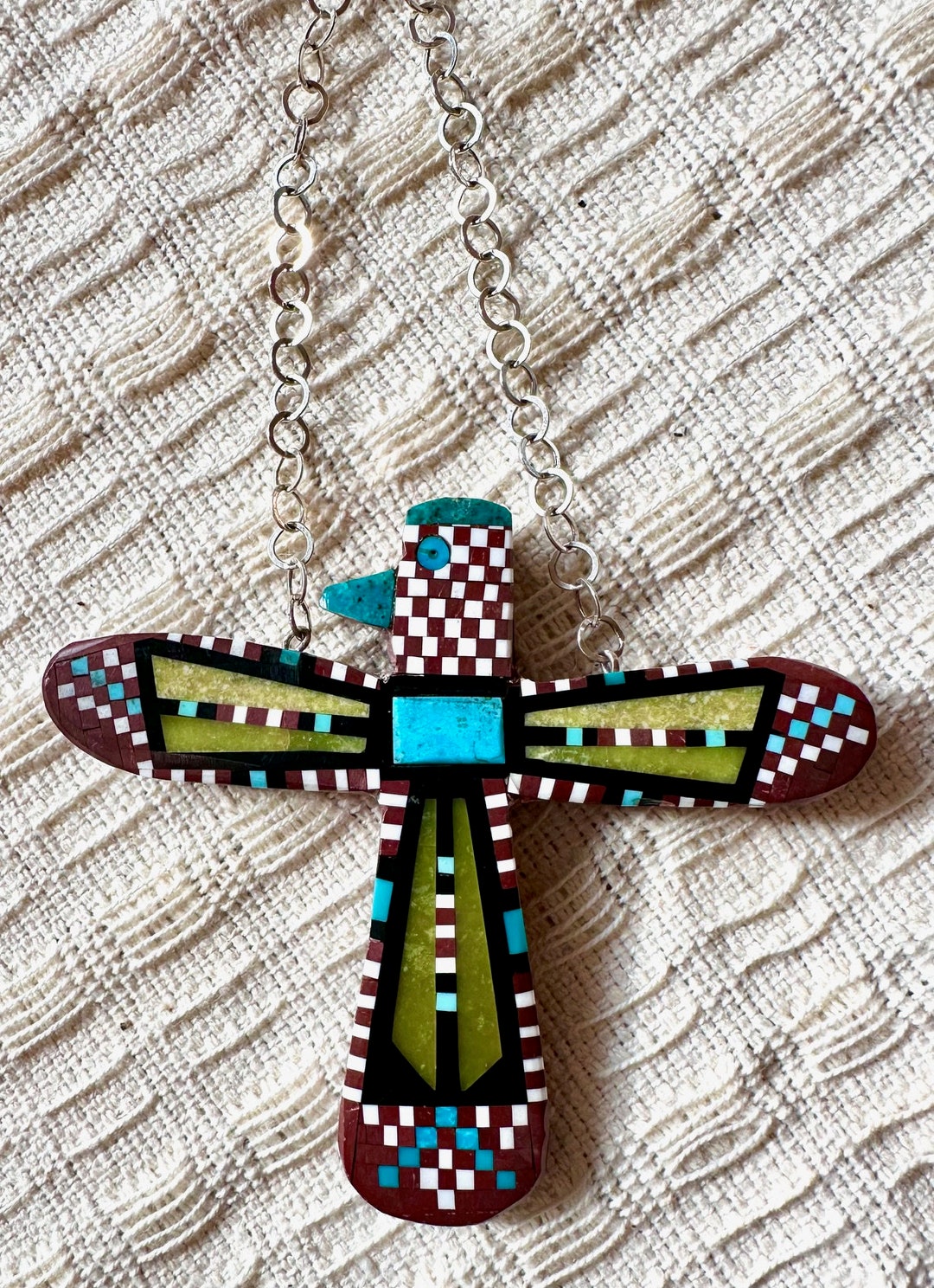 Inlaid Turquoise, Gemstone Thunderbird Necklace 12" Pendant, Santo ...
