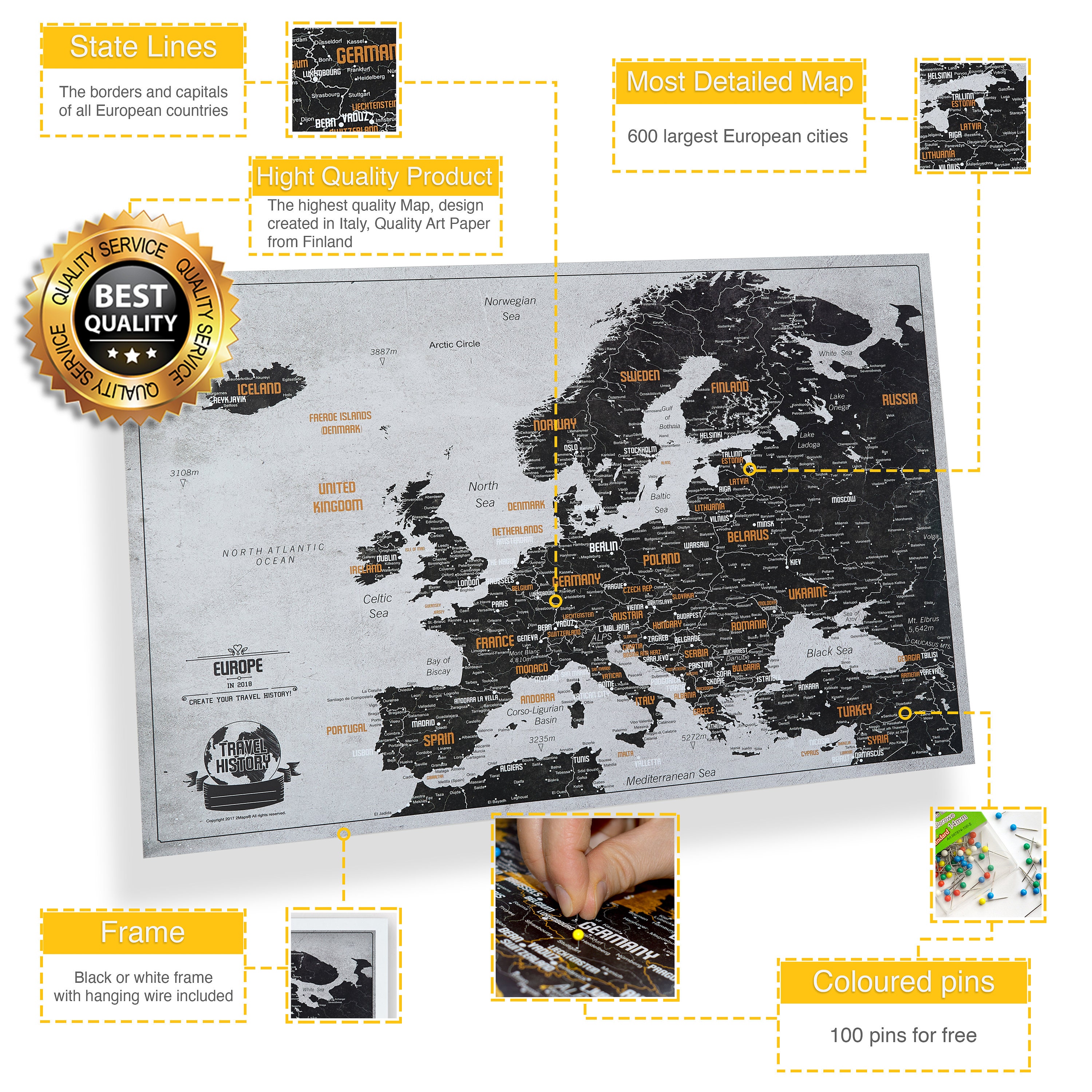 Push Pin Map of Europe white-black, Travel Tracker Pin Board to Mark ...