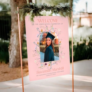 Wildflower Pink Graduation Welcome Sign With Photo, Graduation Yard ...