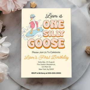 Silly Goose 1st Birthday Invitation: Retro Goose Theme (editable Canva ...