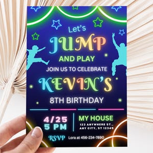 Editable Neon Glow Jump Party Invitation, Trampoline Birthday Digital ...
