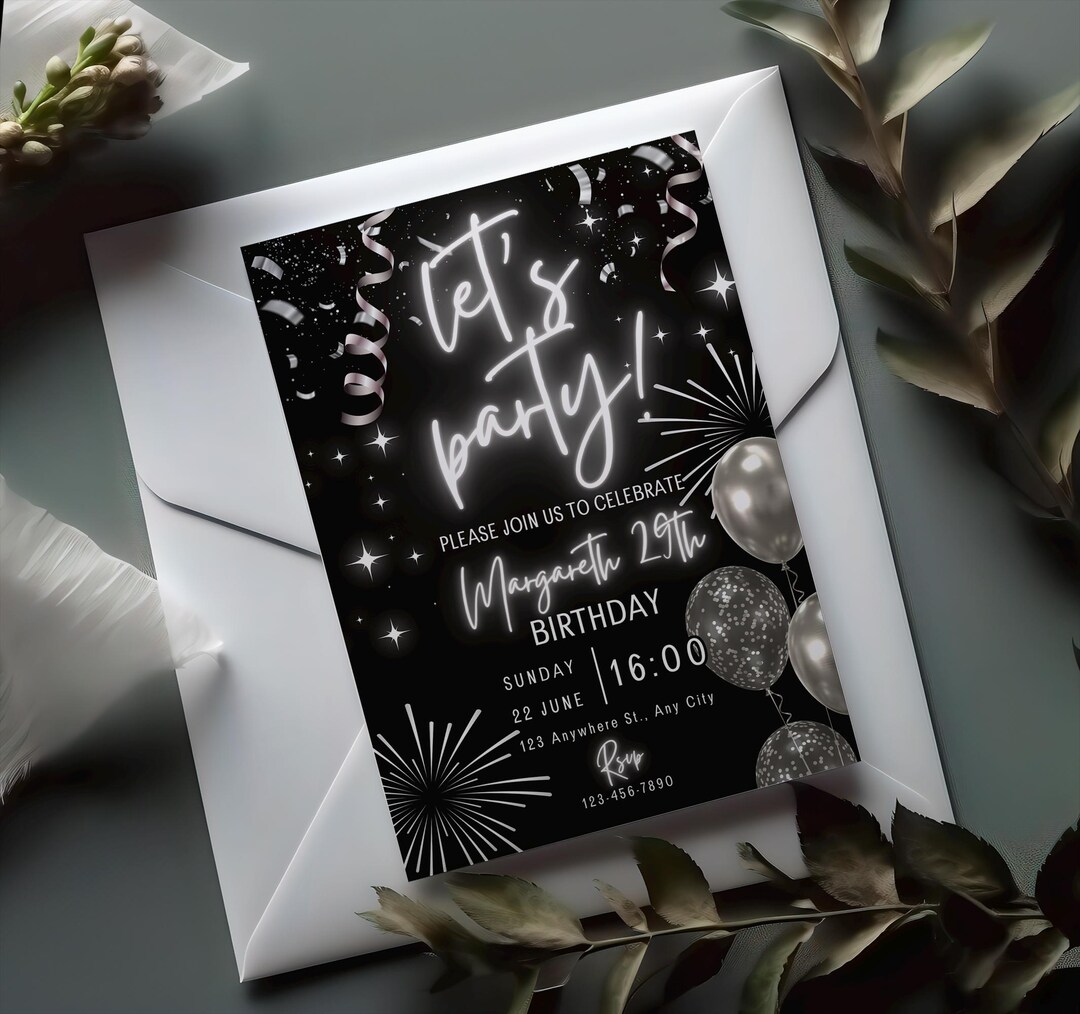 Elegant Black and Silver Birthday Party Invitation, Printable or ...
