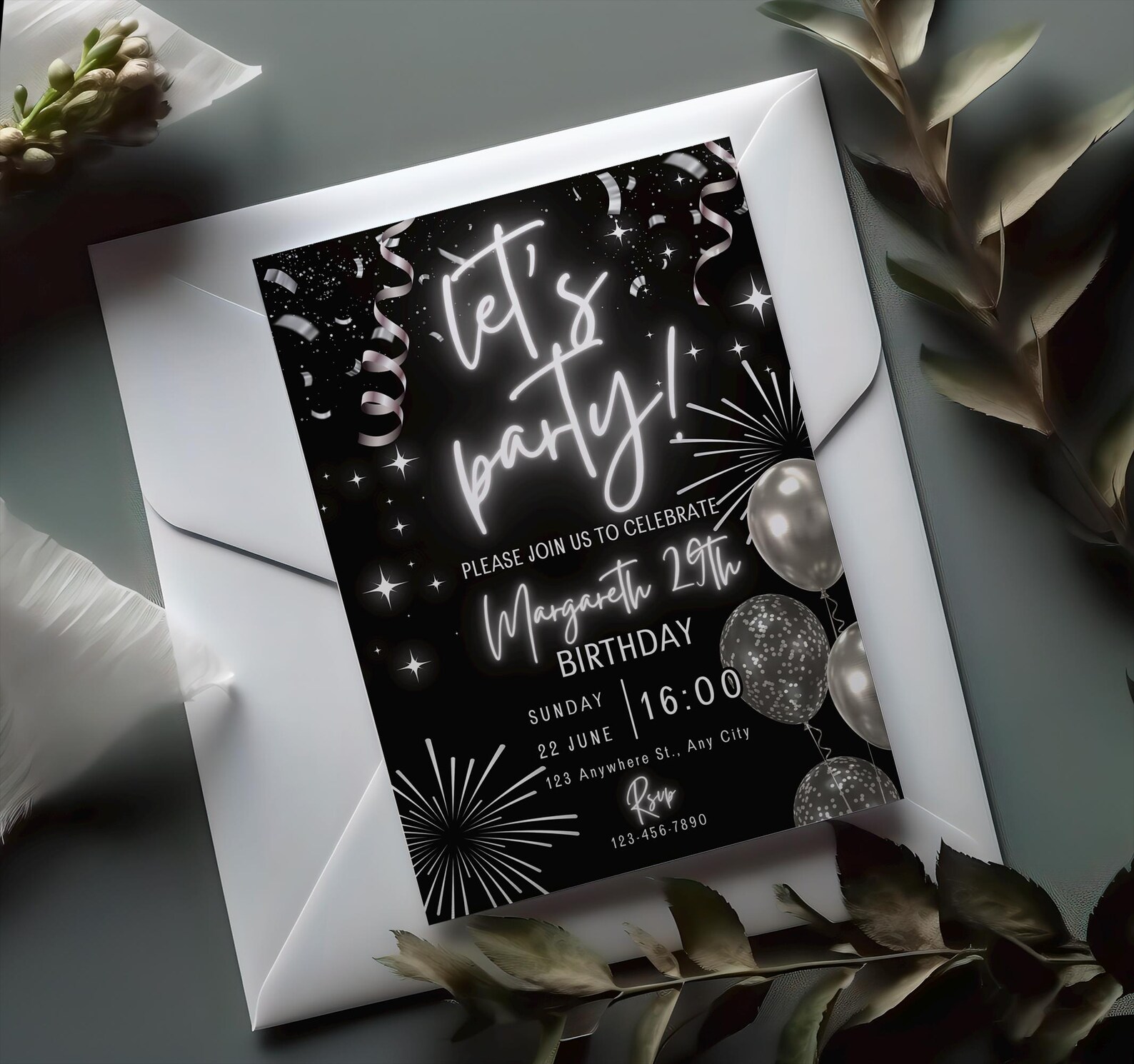 Elegant Black and Silver Birthday Party Invitation, Printable or ...