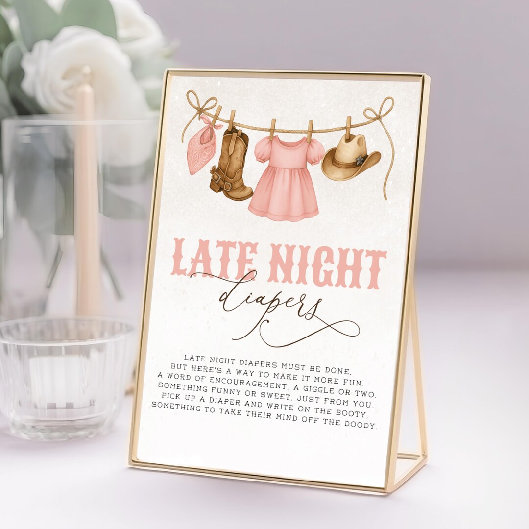 Late Night Diapers Sign for A Little Cowgirl Baby Shower, Pink Western ...