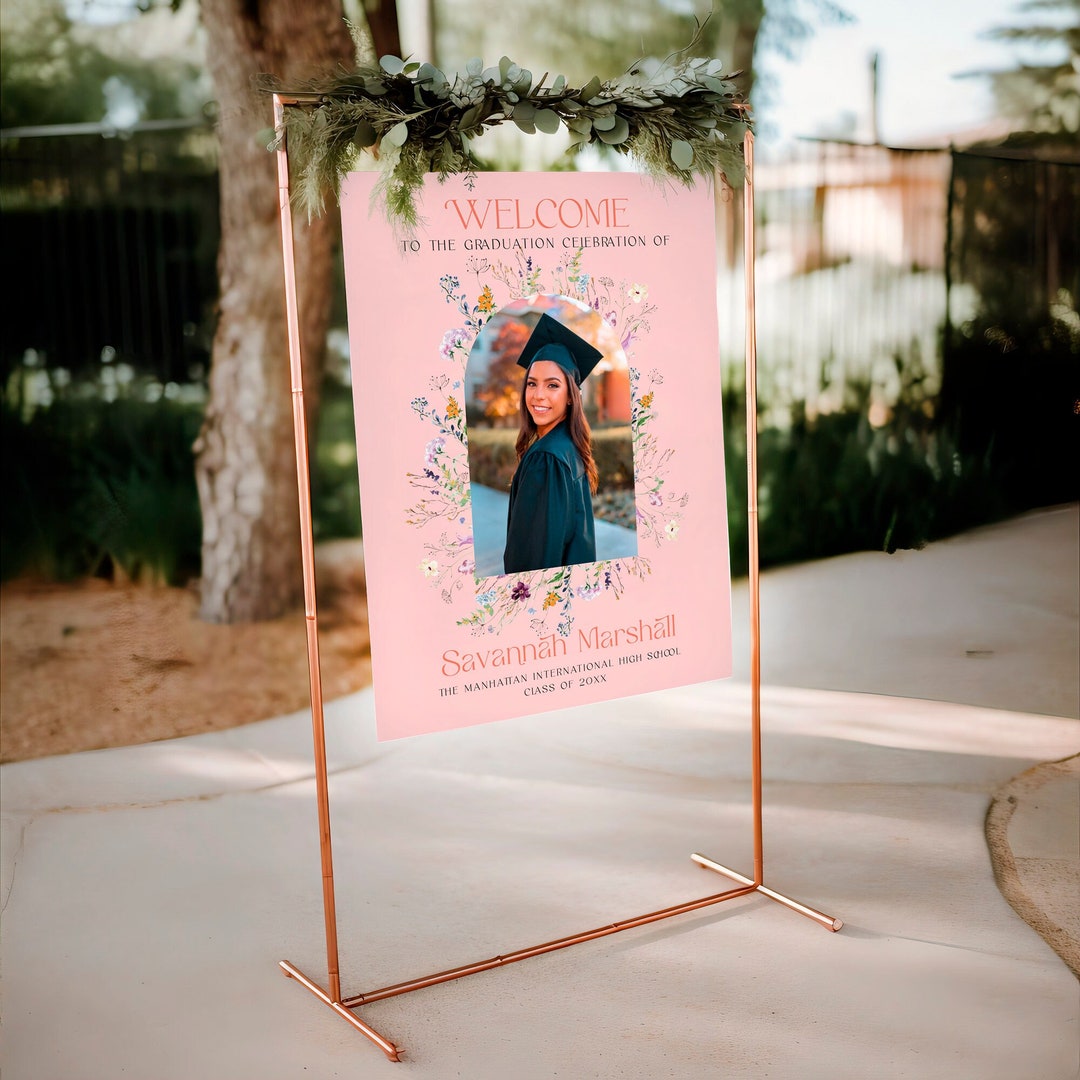 Wildflower Pink Graduation Welcome Sign With Photo, Graduation Yard ...