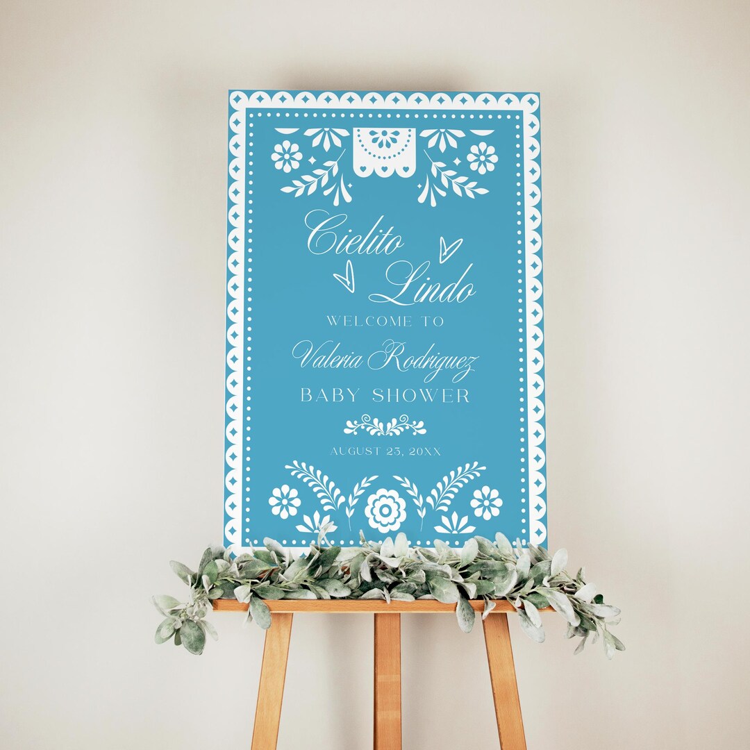 Cielito Lindo Baby Shower Welcome Sign, Blue Talavera Papel Picado ...