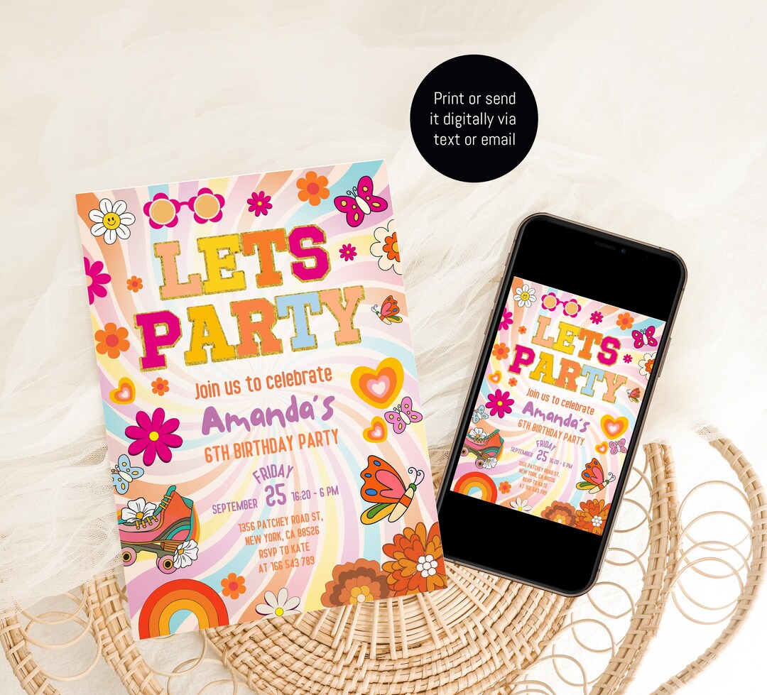 Editable Retro Groovy Birthday Invitation, Girl Birthday Party, Roller ...