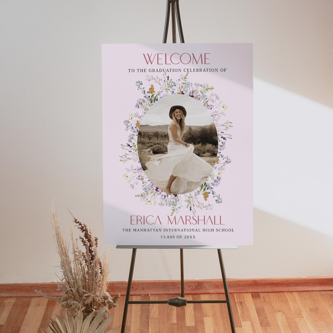 Wildflower Pink Graduation Welcome Sign With Photo, Graduation Yard ...