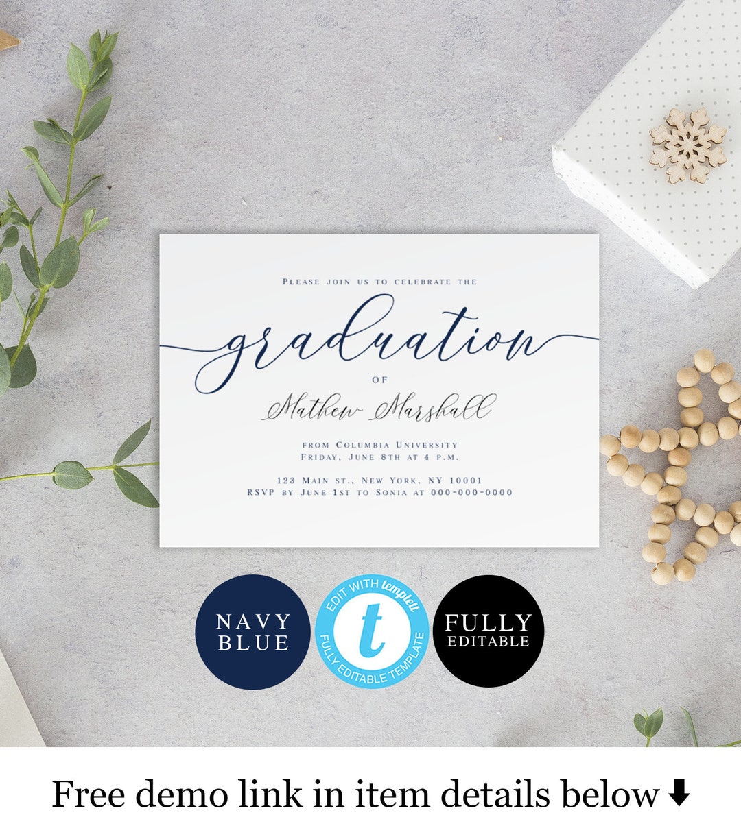 Templett Graduation Invitation Template for Him PRINTABLE Navy Blue ...