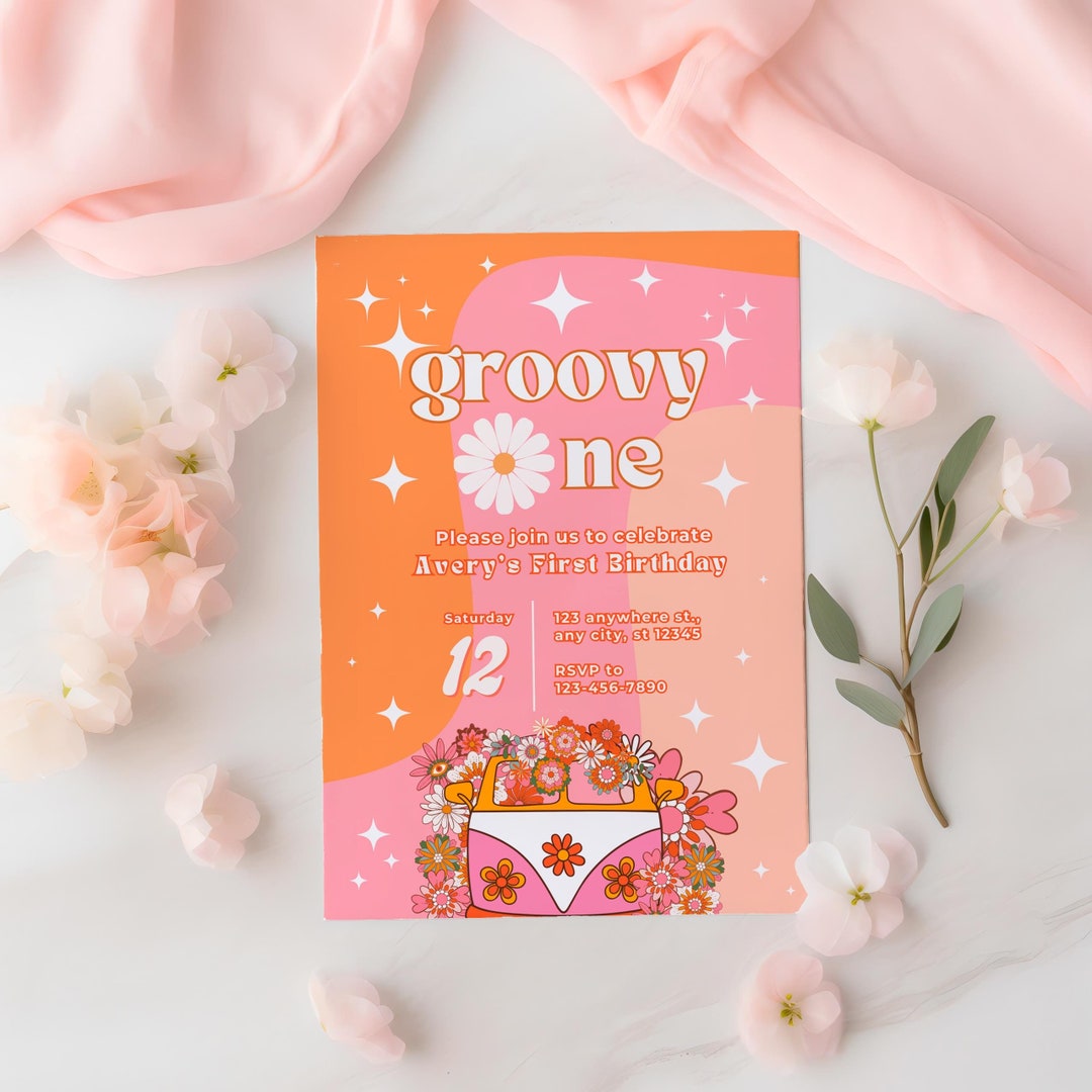 Editable Groovy One Birthday Invitation, Retro First Birthday Party ...