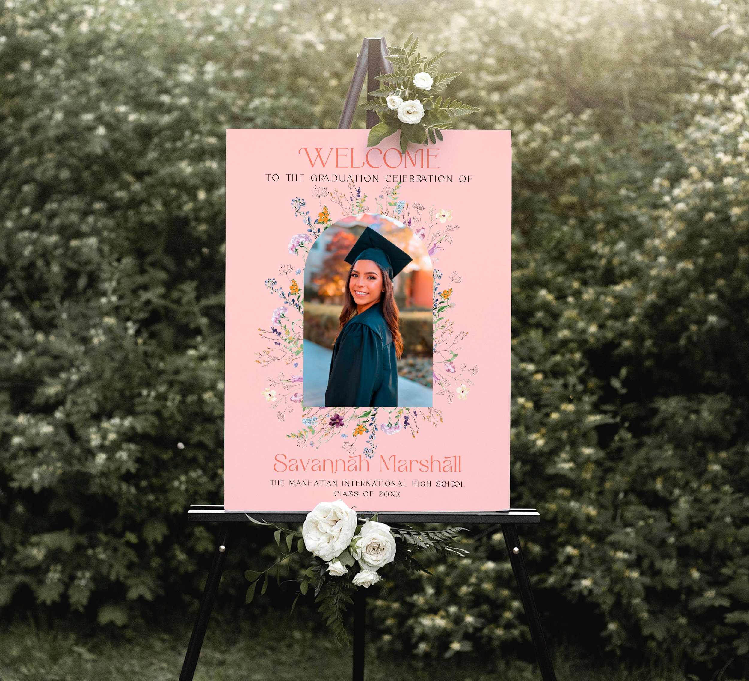 Wildflower Pink Graduation Welcome Sign With Photo, Graduation Yard ...