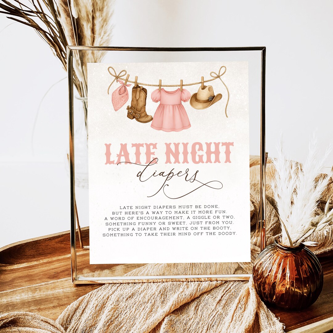 Cowgirl Baby Shower Diaper Notes Game, Late Night Diaper Thoughts Sign ...